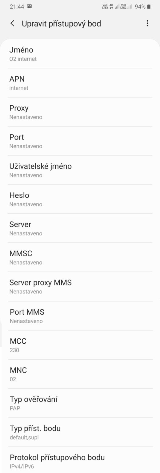 Nastavení internetu O2 Android 2024 - 5G 4G LTE APN EU